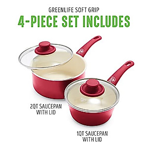 GreenLife Soft Grip Healthy Ceramic Nonstick, 1QT and 2QT Saucepan Pot Set with Lids, PFAS-Free, Dishwasher Safe, Red
