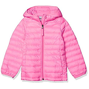 Amazon Essentials Girls' Lightweight Water-Resistant Packable Hooded Puffer Jacket, Neon Pink, Small