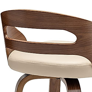 Bar Stools Set of 2, Swivel Bar Height Stools with Walnut Bentwood, Low Back, Upholstered Faux Leather, Soft Cushion Seat, Mid Century Bar Stools for Kitchen/Island/Counter (Beige, 25" Seat Height)