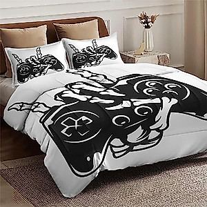 Comforter Set King Size, Vintage Gaming Skeleton Rock Soft Quilt for Kids and Adults, Retro Wireless Gamepad Bedding Set with 2 Pillowcases for Bedroom Bed Decor