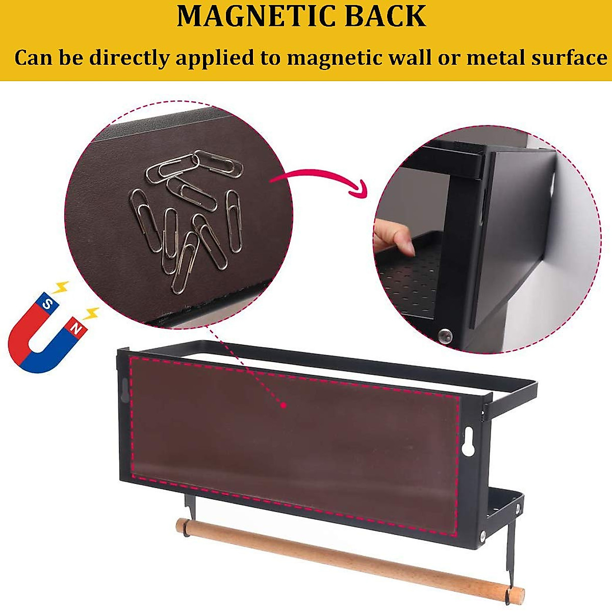 Mukkuri Magnetic Paper Towel Holder Spice Rack for Refrigerator with Hooks,Black