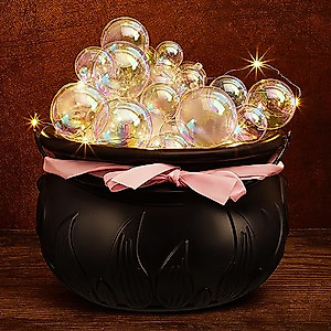 Liliful Light up Bubble Cauldron DIY Set, 9.8" Black Plastic Witches Cauldron with Handle 44 Pcs Clear Plastic Balls and Warm White String Light Halloween Cauldron Candy Bowl for Halloween Decorations