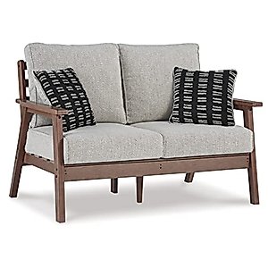 Signature Design by Ashley Emmeline Classic Outdoor HDPE Wood Look Framed Cushioned Loveseat, Beige & Gray