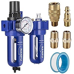 NANPU 3/8" NPT Compressed Air Filter Regulator Lubricator (FRL), Zinc Alloy, 5 Micron Brass Element, 0-150 psi Gauge, Quick Release Bowl, Manual Drain, Metal Bracket