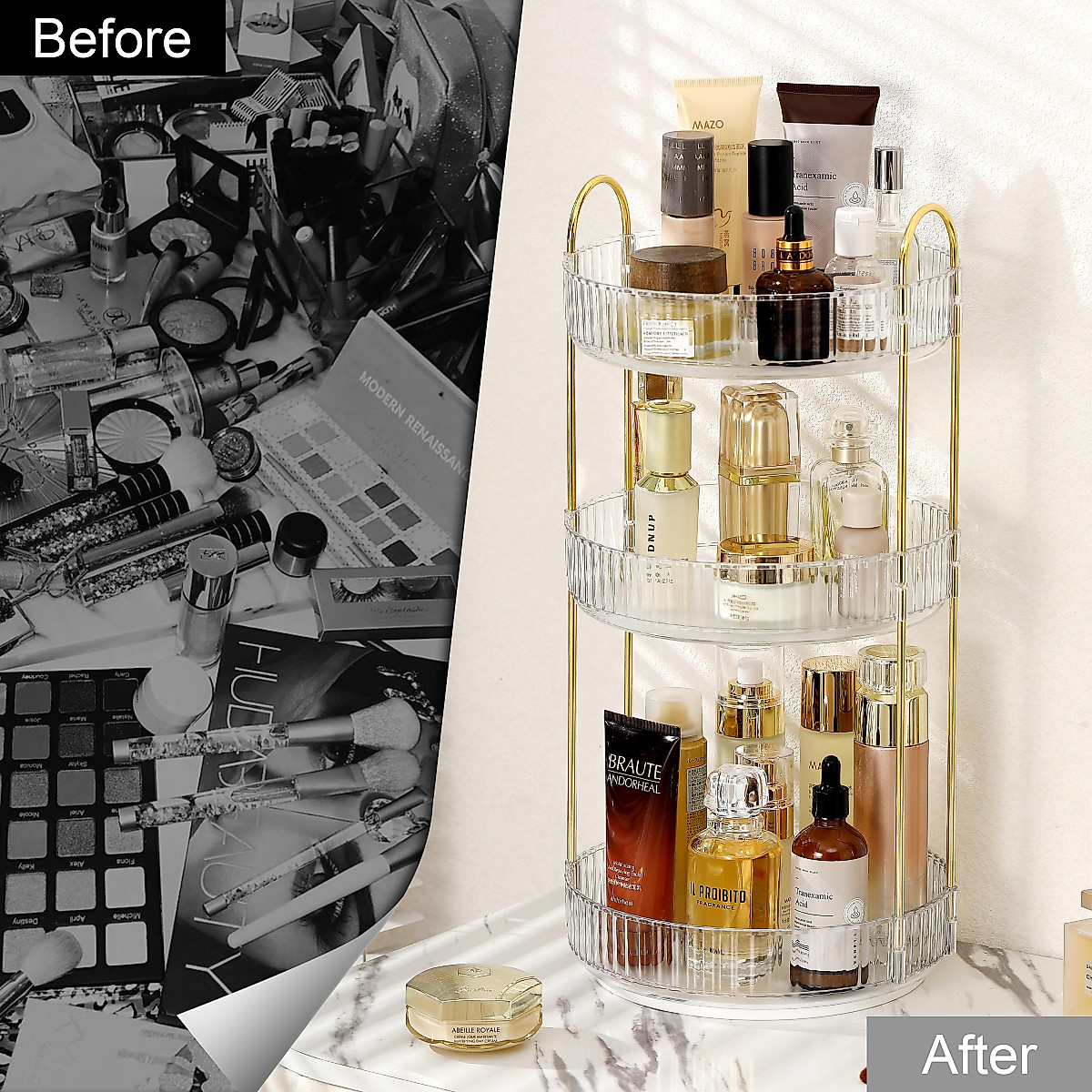 Weidace 360 Rotating Makeup Organizer for Vanity, Bathroom Countertop Organizer Spinning Perfume Organizer, High-Capacity Cosmetic and Skincare Dresser Make Up Holder Rack (3 Tiers, White)