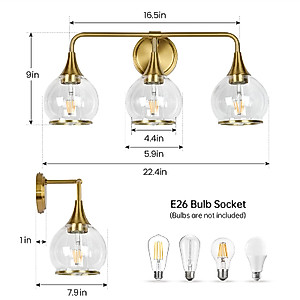HAHZT Gold Bathroom Vanity Light 3-Lights Bathroom Light Fixtures Over Mirror with Clear Glass Shade 22.4 inch Wall Sconce Lighting Bath(Exclude E26 Bulb)