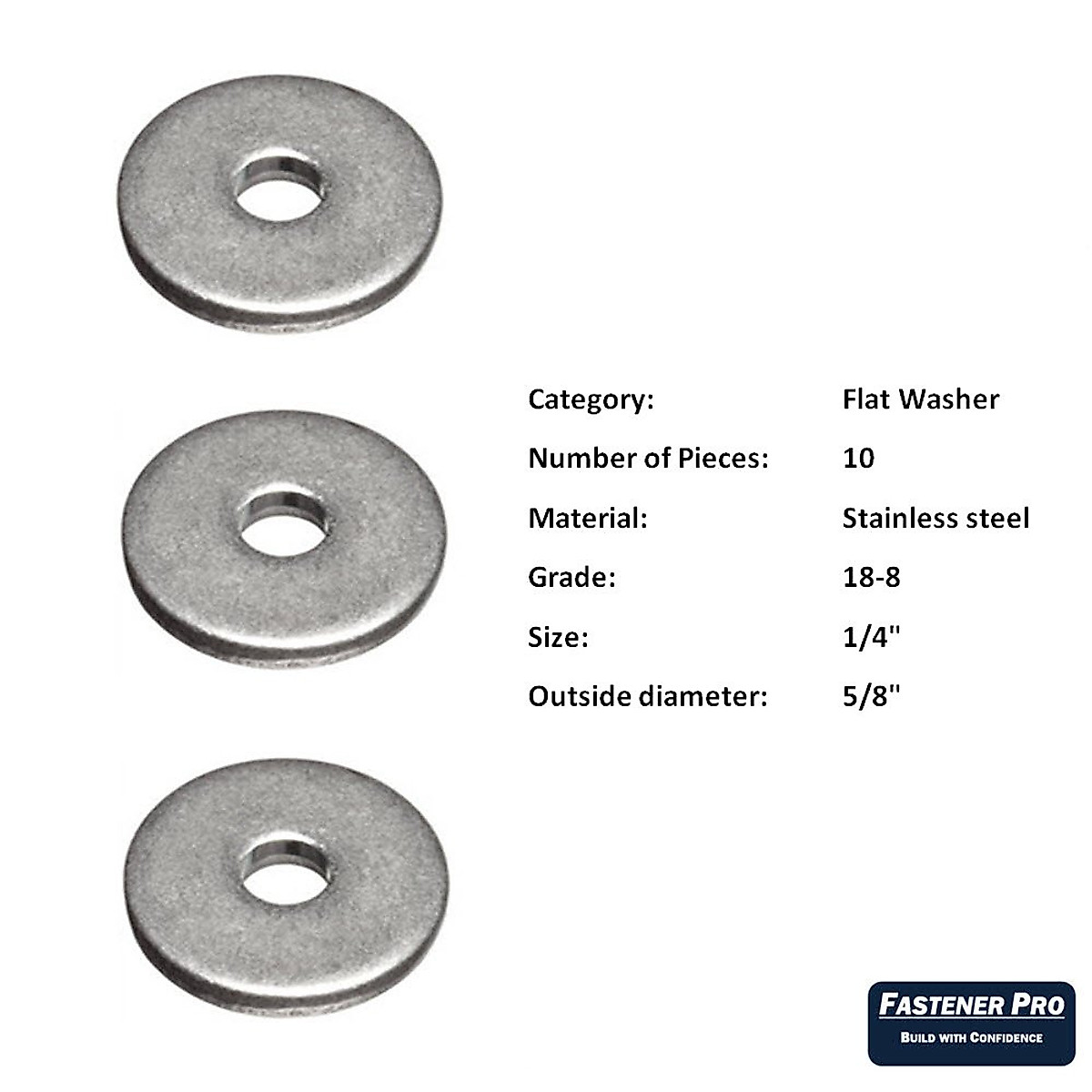 Fastener Pro 1/4 x 1-1/4-Inch Hex Head Lag Screw Kit, 18-8 (304) Stainless Steel, 10-Pack (10 Lag Screws + 10 Flat Washers)
