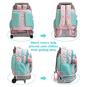 SKYMOVE 18 inch Multi-Compartment Double Handle Wheeled Student School Rolling Backpack for Girls Business Trip Carry-on, Pink Girl