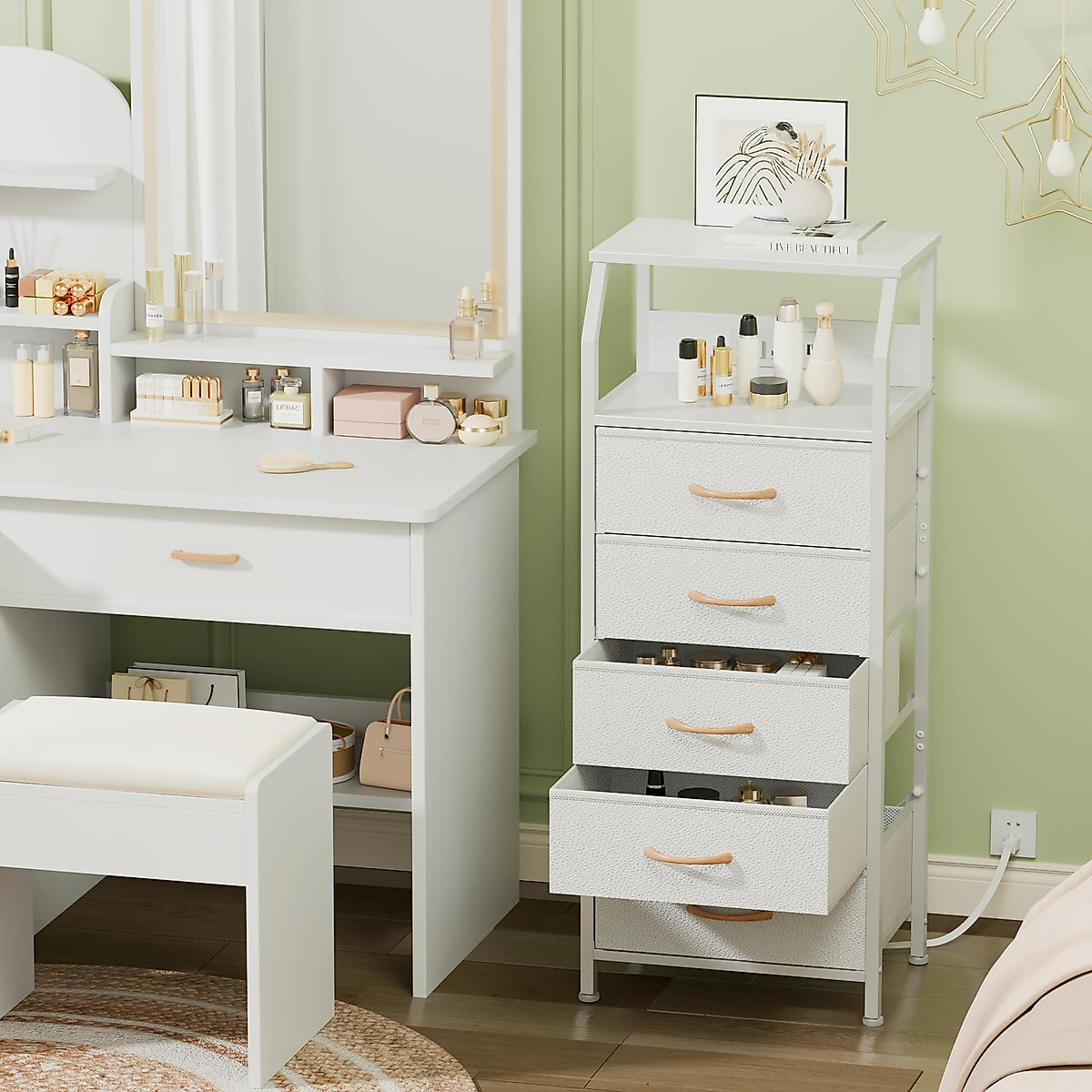 Furnulem 5 Drawers Dresser with Charging Station, Tall Night Stand with Open Shelf, Storage Tower with PVC & Fabric Drawer, Bedside Table for Bedroom, Closet, Entryway, 3 Ways to Use, White