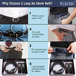 WERFORU 2 Pack Men 2 Loop No Buckle Elastic Belt for Women Men Stretch Belt, Black+Black, Fits 2 loop distance :4.7"-6"