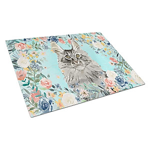 Caroline's Treasures CK3393LCB Maine Coon Spring Flowers Glass Cutting Board Large Decorative Tempered Glass Kitchen Cutting and Serving Board Large Size Chopping Board
