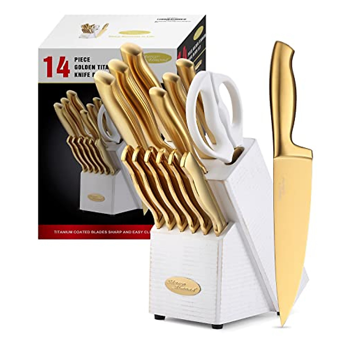 Knife Set-Marco Almond® MA21 Luxury Golden Kitchen Knife Set, Titanium Coated 14 Pieces Stainless Steel Hollow Handle Gold Kitchen Knife Set with Block by White Wash Finish Wood