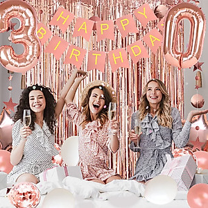 30th Birthday Decorations for Her, Happy Birthday Banner 30 Balloon Numbers Happy Birthday Cake Topper Rose Gold Curtain 30th Birthday Sash Anniversary Decorations Birthday Backdrop
