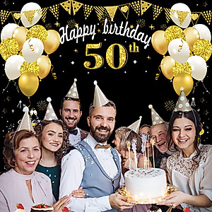 Kircirx 50th Birthday Decorations Large 50 Birthday Banner Photography for Women Men, Black Gold Funny Fifty Years Bday Photo Booth Props Party Supplies for Outdoor Indoor