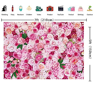 Pink Rose Floral Backdrop 7x5FT Flower Wall Photography Background for Girls Women Bridal Shower Wedding Baby Shower Birthday Party Decorations Supplies Photo Props
