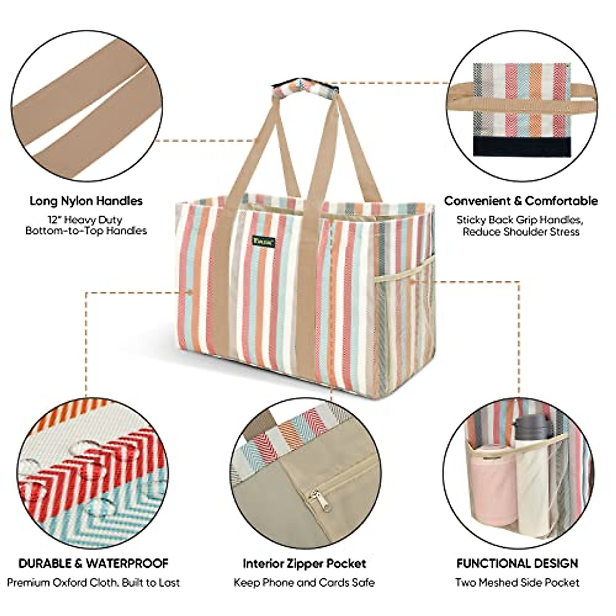 BALEINE Soft 9 Gallon Extra Large Utility Tote, Foldable Reusable Storage Bag (Color Stripe)