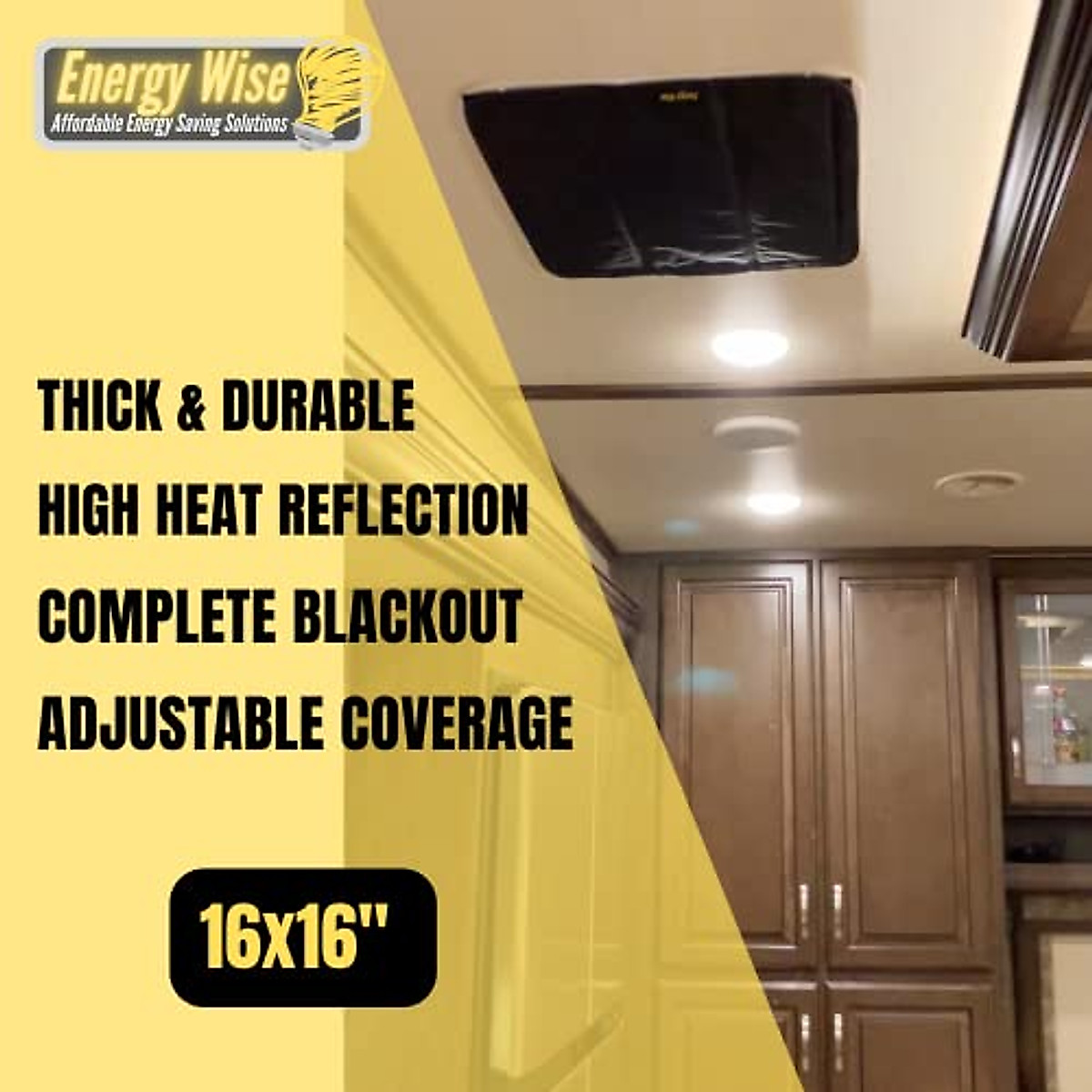 Energy Wise Universal Blackout RV Vent Insulator 16"x16", Magnetic & Foldable RV Insulation with Reflective Surface, Instantly Block Heat & Light, Black/Silver, Comes with Storage Bag