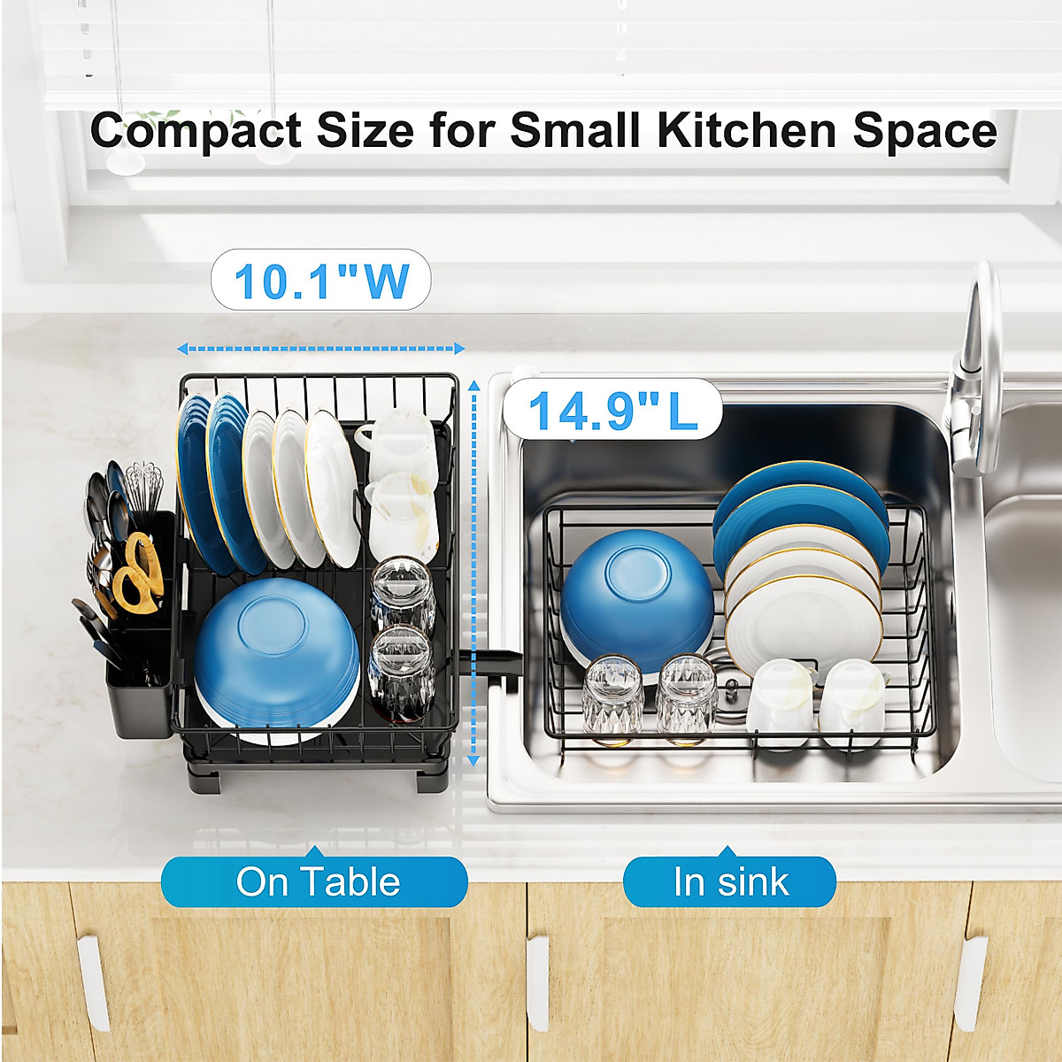GSlife Dish Drying Rack, Small Dish Rack with Tray Compact Dish Drainer for Kitchen Counter Cabinet, Black