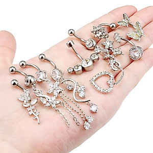 Ocptiy 14G Belly Button Ring for Womne Surgical Stainless Steel Curved Silver Dangle Butterfly Hypoallergenic Dangle Cute Navel Belly Rings Barbell Bar Hoop Body Piercing Jewelry for Women 10mm