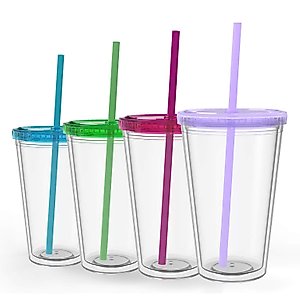 Maars Classic Insulated Tumblers 16 oz | Double Wall, Reusable Plastic Acrylic - Clear | Perfect for Parties, Birthdays, Customization - 4 Pack