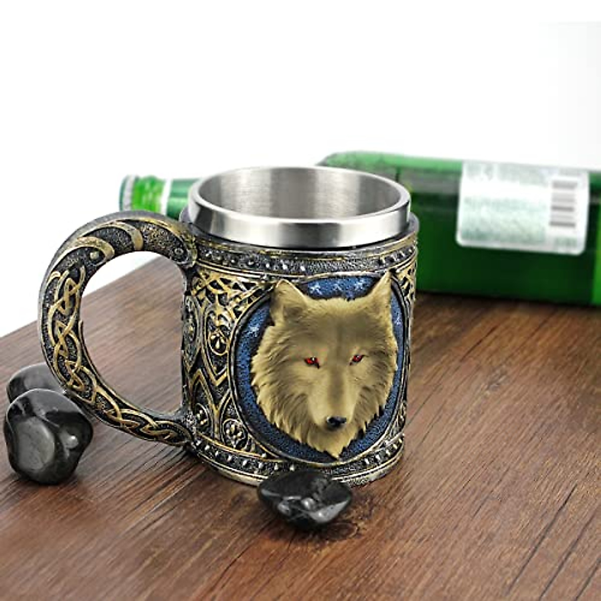 EZESO Stainless Steel Wolf Mug, Resin 3D Wolf Coffee Cup Stainless Steel Travel Tea Wine Beer Mugs (Wolf Mug)