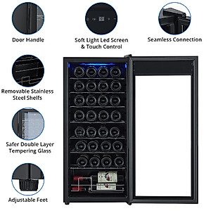 Takywep 32 Bottles Compressor Wine Cooler Refrigerator - 41℉-64℉ Freestanding Wine Cellar, Compact Design, Single Glass Door, Digital LED Touch Control, For Red, White, Champagne or Sparkling Wine