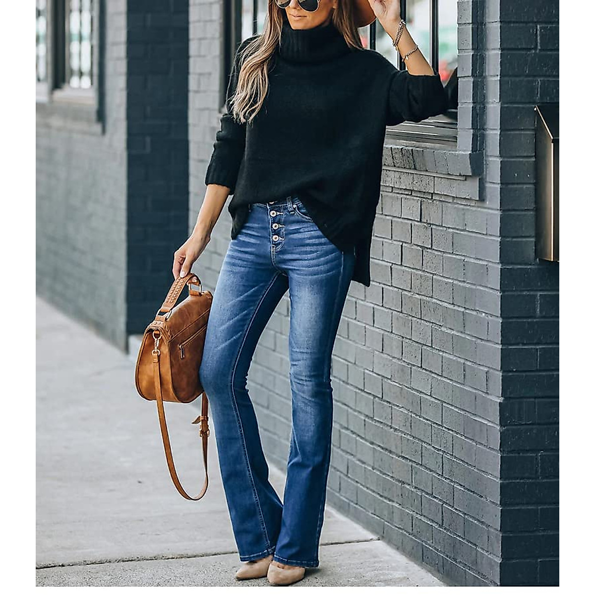 Akivide Womens Button Fly Stretchy Skinny Mid Waist Bootcut Jeans Flared Bell Bottom Demin Pants Deep Blue