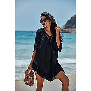 Ekouaer Swimwear Coverups for Women Cute Pleated Beach Wear Dress Womens Crochet V Neck Bikini Cover-Ups