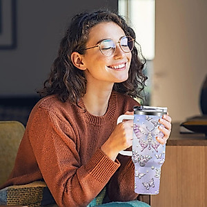 Butterfly Gifts for Women, Girls - 40oz Diamond Butterfly Tumbler with Handle - Birthday Gifts for Butterflies Lovers Cup - Purple Butterflies Gift for Mother's Day Christmas Coffee Travel Mug