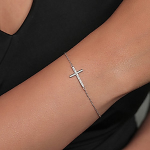 Gem Stone King Solid 10K White Gold 0.5 Inch White Diamond Cross Tennis Bracelet Fits 6.5 Inches Religious Jewelry For Women