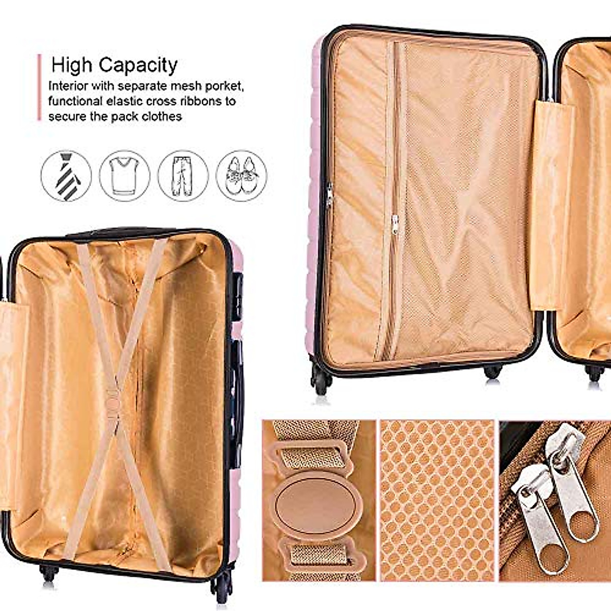 Apelila 4 Piece Luggage Sets,Travel Suitcase Spinner Hardshell Lightweight w/Free Suitcase Cover& Hanger (4PC Pink)