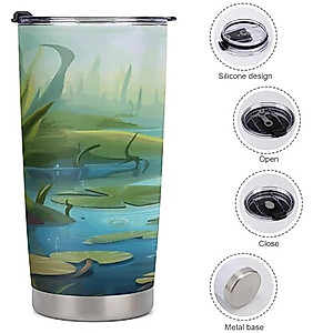 FHENMSA Reusable Plastic Water Cups with Lids,Frog in A Pond Print Anti-overflow Cup,sports Travel Coffee Cup