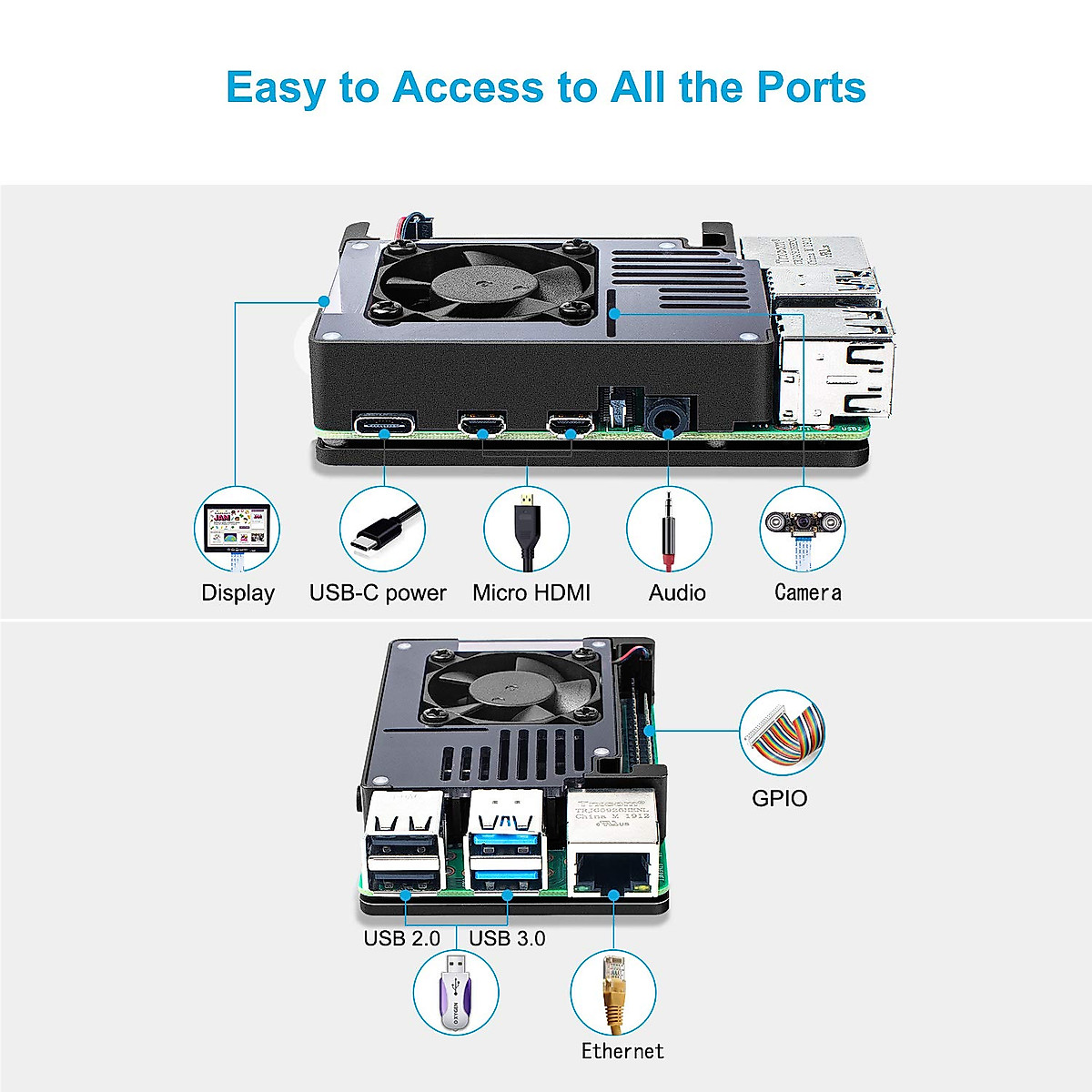 Smraza Case for Raspberry Pi 4, Metal Case for Raspberry Pi 4 Model B with Cooling Fan 35MM, Case Aluminum Alloy Enclosure with 4 PCS Heatsinks Pillar Thermal Adhesive Black (RPI Board Not Included)