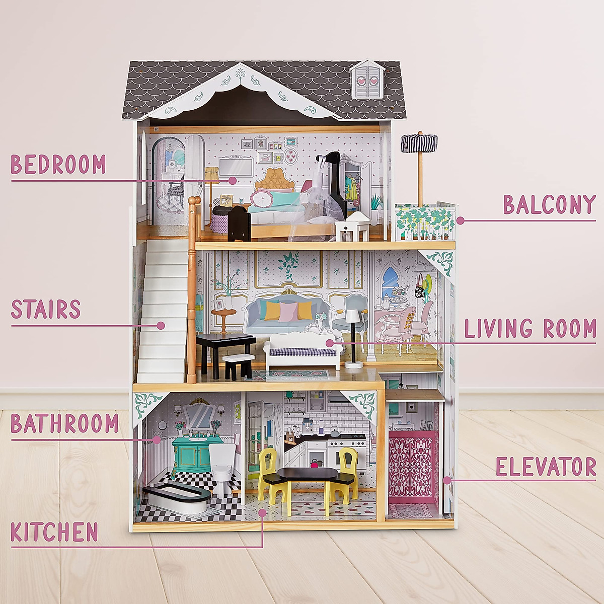Lil' Jumbl Kids Wooden Dollhouse, with Elevator, Balcony & Stairs, Accessories & Furniture Included X-Large 3 Story Easy to Assemble Doll House Toy