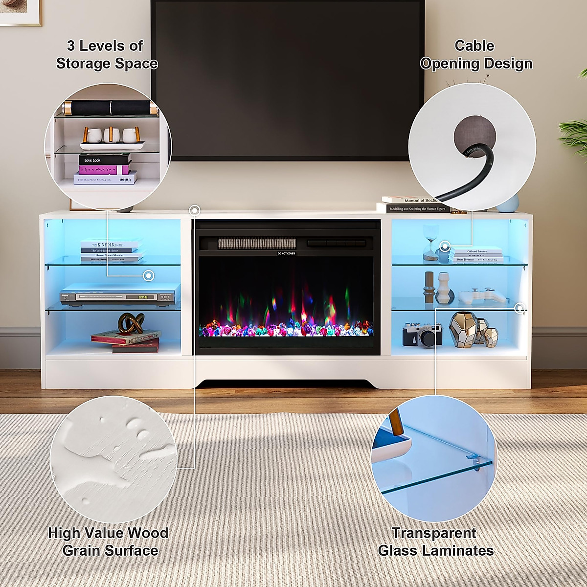 COCO DESIGN Fireplace TV Stand with 23" Fireplace, Electric Fireplace TV Console for TVs up to 75", LED Lights Wood and Glass Entertainment Center & Remote Control, White