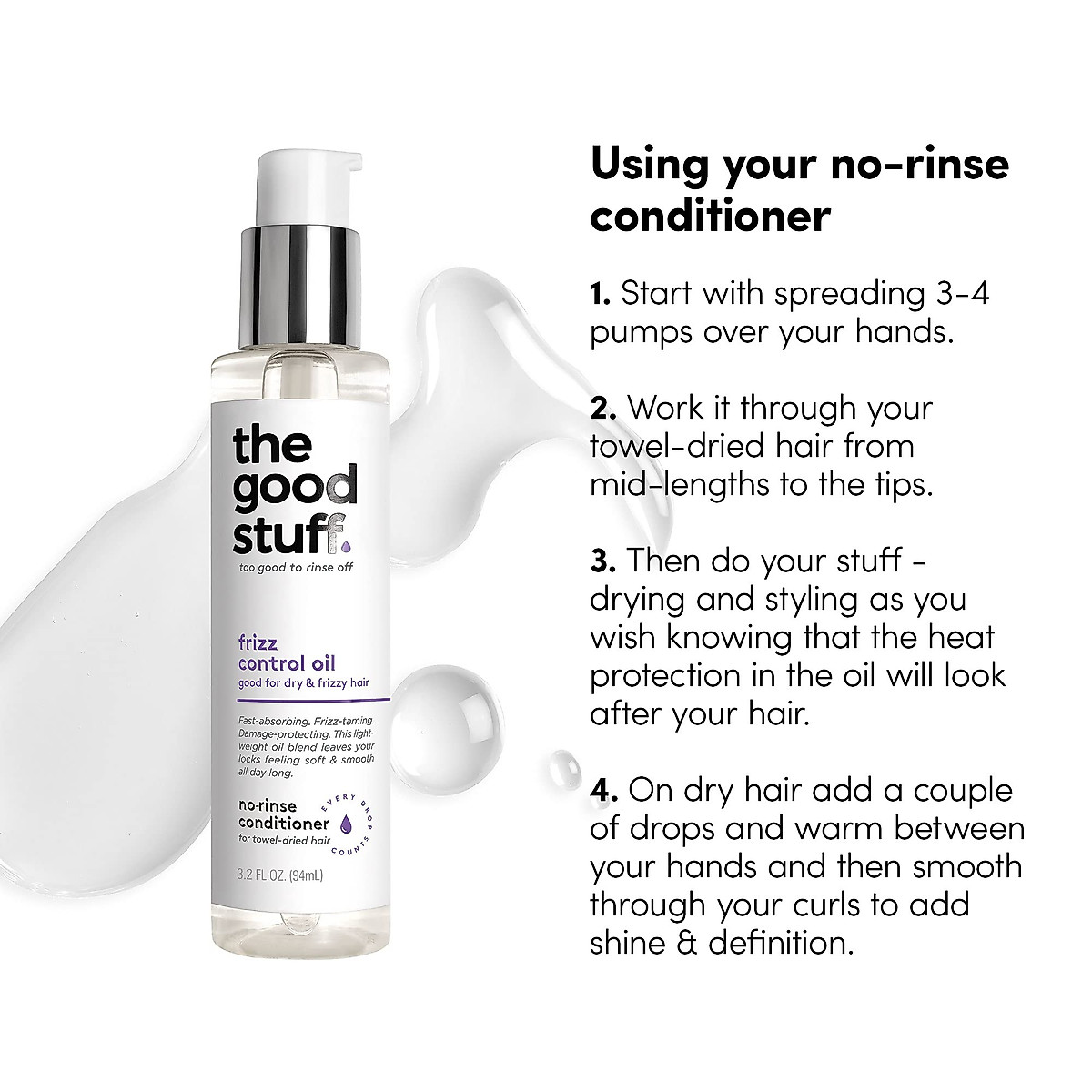 THE GOOD STUFF Leave-in Frizz Control Hair Oil for Softness, Protection, and Shine | Lightweight Hydrating Anti Frizz Serum for Smooth, Shiny Hair All Day Long | Vegan and Cruelty-Free Conditioner