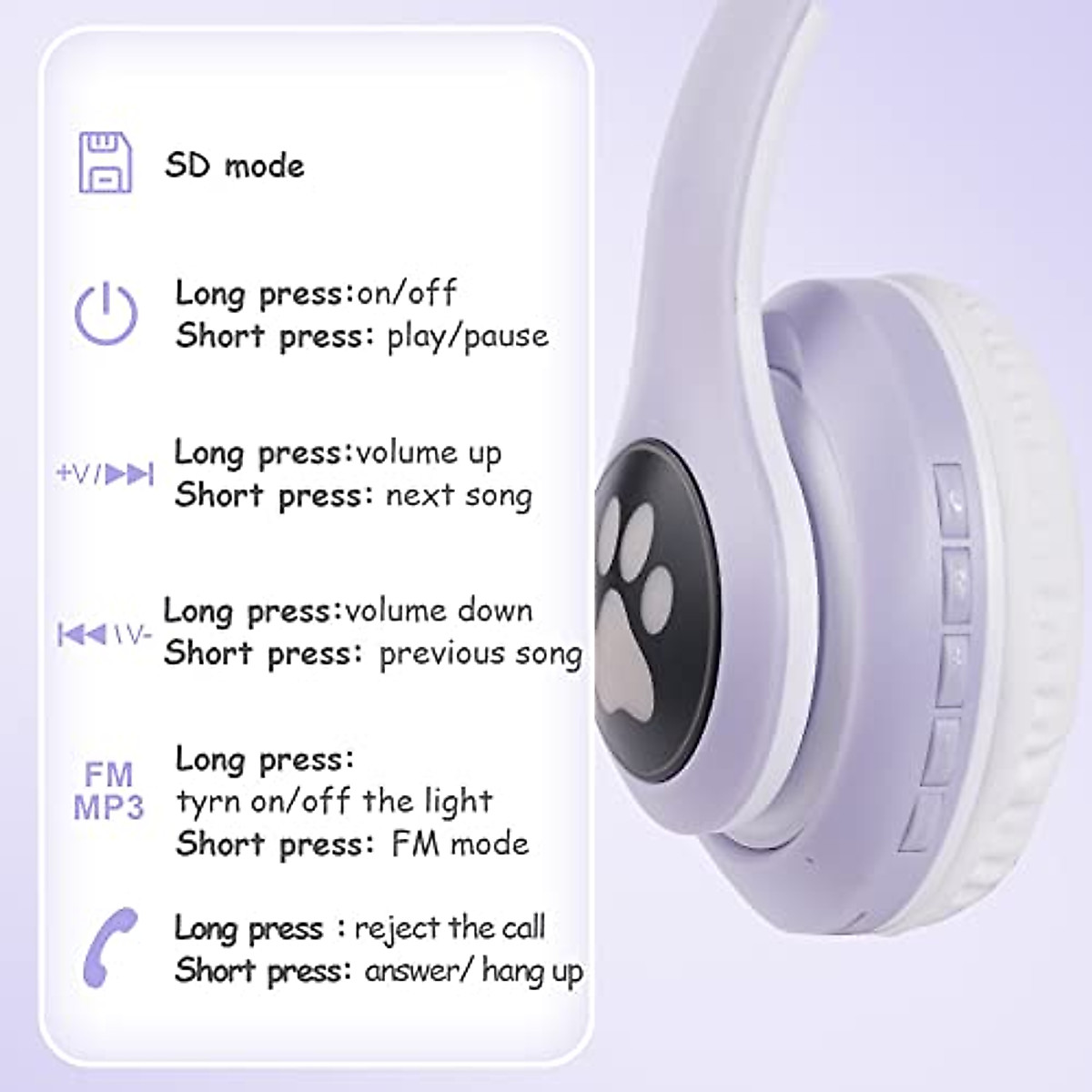 AXFEE Kids Headphones, Cat Ear Kids Bluetooth Headphones, LED Light Up Over Ear Kids Wireless Headphones with HD Stereo Sound 105dB Volume Limited, Foldable Over-Ear Headphone for PC/Pad/School-Purple