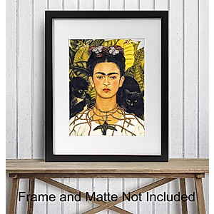 Poster - 8x10 Mexican Art Wall Decor Picture Print for Bedroom, Living Room, Home, Apartment - Gift for Women, Woman Artist - Monkey, Cat, Hummingbird Self-Portrait Painting - Unframed