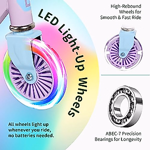 BELEEV Scooters for Kids Ages 3-12 with Light-Up Wheels & Stem & Deck, 2 Wheel Folding Scooter for Girls Boys, 3 Adjustable Height, Non-Slip Pattern Deck, Kick Scooter for Children (Purple)