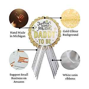 Amy's Bubbling Boutique Twinkle Little Star Baby Shower Mommy Sash & Daddy to Be Pin White & Gold Gift Set