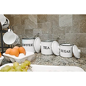Creative Co-Op Farmhouse Enameled Metal Containers with "Coffee", "Tea", and "Sugar" Messages, White and Black, Set of 3 Sizes