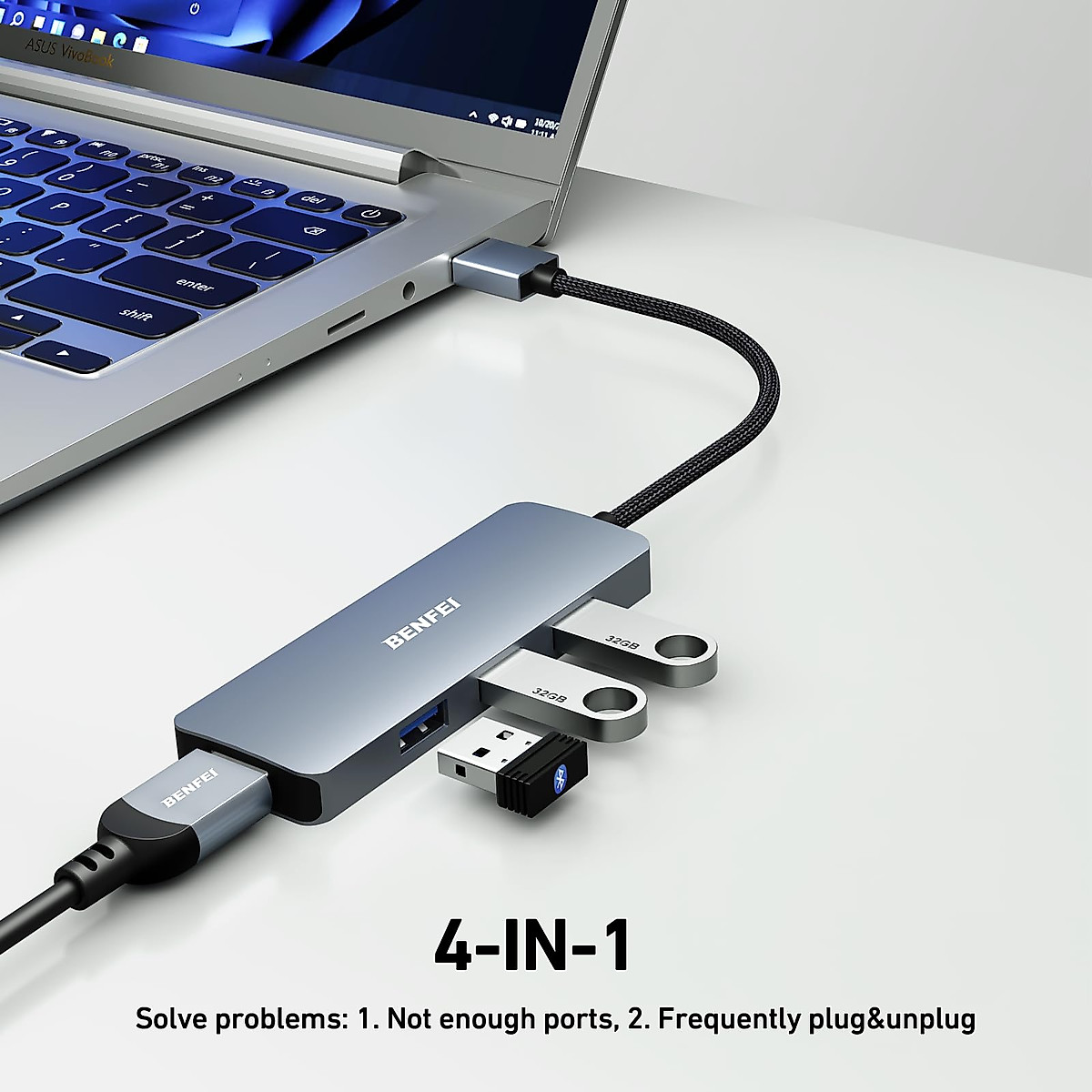 BENFEI USB 3.0 Hub, 4 Ports USB A Splitter Ultra-Slim USB Expander for Mouse, Keyboard, Flash Drive, U Disk, Printer Compatible with Laptop, Desktop PC, Xbox, PS5, and More