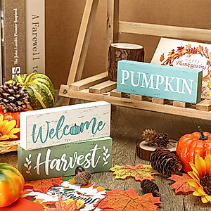 Geetery 3 Pcs Fall Decor, Thanksgiving Table Centerpiece, Welcome Pumpkin Harvest Wooden Block Sign Fall Decorations Farmhouse Autumn Decor for Home Table Office Room