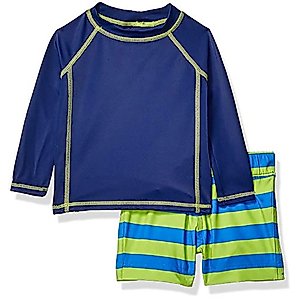 Amazon Essentials Baby Boys' Long-Sleeve Rashguard and Trunk Swimsuit Sets, Blue/Green Stripe, 0-3 Months