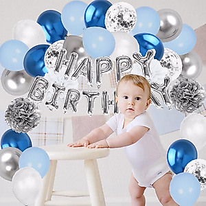 Baby Blue and Silver Birthday Decorations Light Blue White Silver Birthday Party Decorations Blue Balloon Garland Kit with Silver Happy Birthday Balloon Banner Cake Topper for Boys Girls