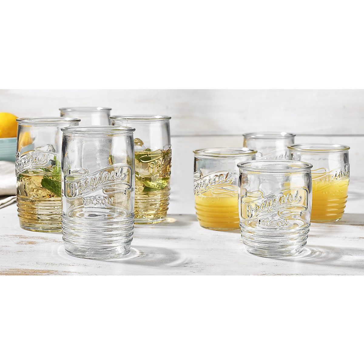 Glaver's Original Mason Set of 8 Drinking Glasses 4-20 Oz Highball Glasses, and 4-13 Oz Whiskey Glass Cups For Everyday Home Use Water, Beer, Juice, Cocktail.
