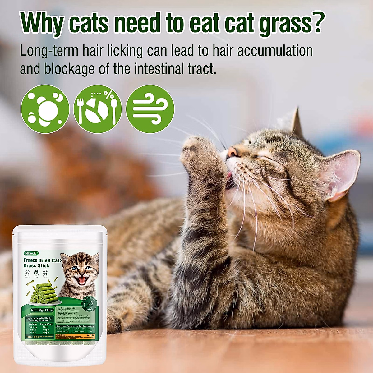 Hkpetie 30g Cat Grass Teething Stick, Delicious Cat Treat Snack Edible Cat Chew Toy for Teeth Cleaning and Hairball Removal in Cats