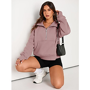 AUTOMET Womens Sweatshirts Half Zip Cropped Pullover Fleece Quarter Zipper Hoodies 2024 Fall Fashion Outfits Clothes DarkPink Medium