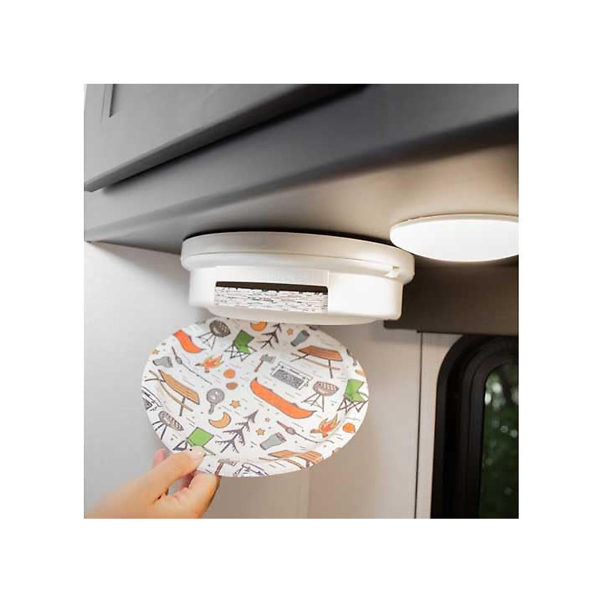 Camco 9-inch Pop-A-Plate Plastic Plate Dispenser | Ideal for Compact Spaces, RVs and Trailers | Mounts Under Cabinets or Shelves | White (57001)