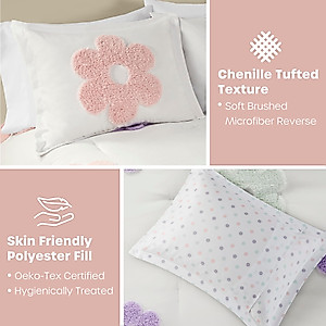 Urban Habitat Kids Queen Comforter Set for Girls, Tufted Chenille Floral Comforter Set Queen, Lightweight Polka Dot Comforter Reversible Bed Set, Shams, Pillow, Gracie, Full/Queen White/Purple 4 Piece